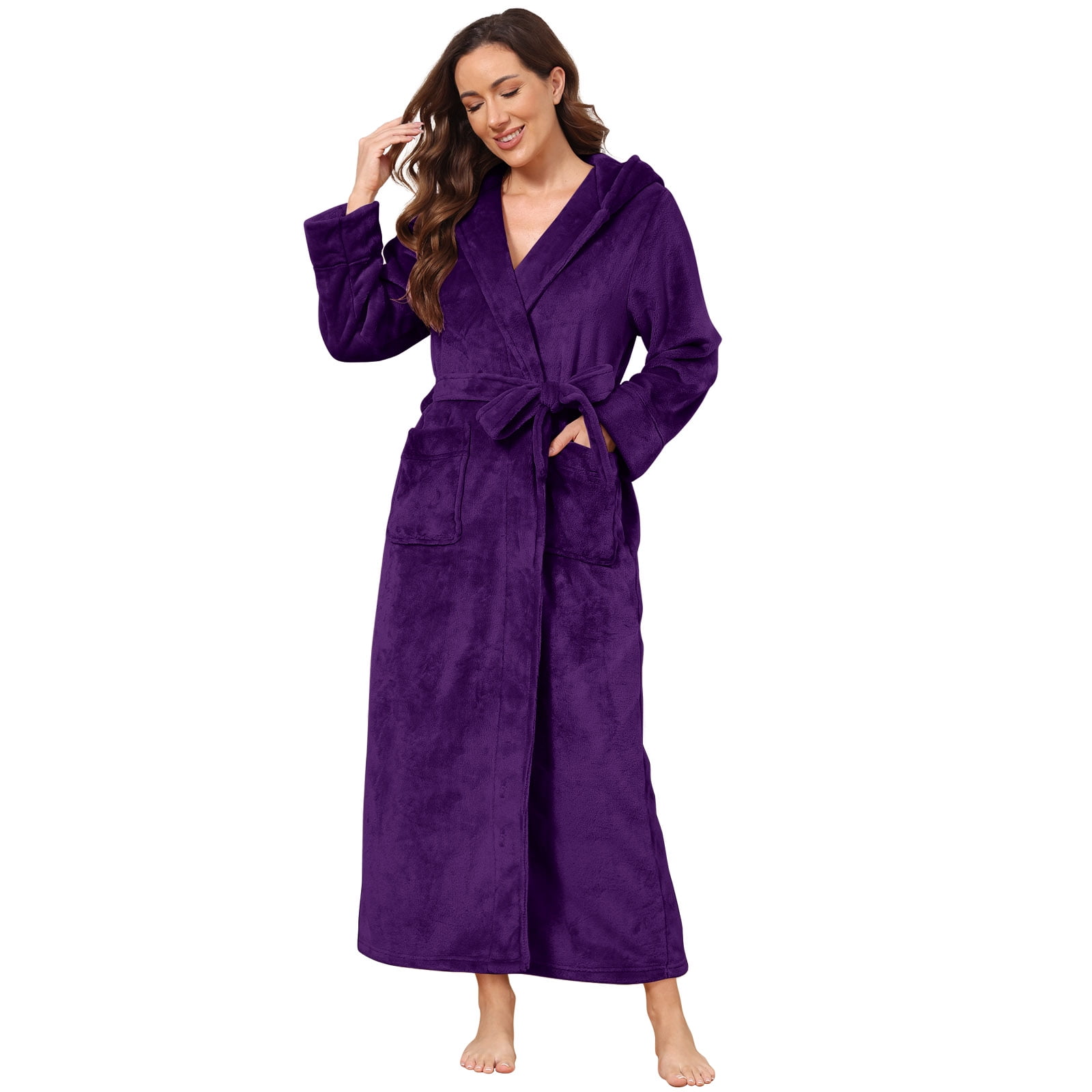 LOFIR Womens Soft Hooded Plush Robe, Luxury Fluffy Robe Long Fleece Spa ...