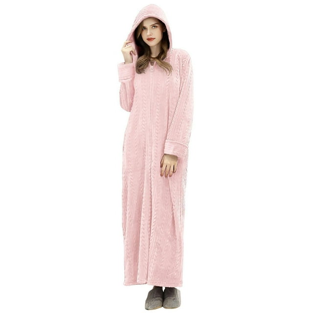 LOFIR Full-Length Zippered Women's Fleece Robe with Hood, Warm Plush Luxury Bathrobe, Size L/XL ...