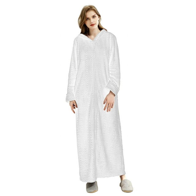 LOFIR Women's Full-Length Lightweight Zipper Robe, Hooded Plush Fleece ...