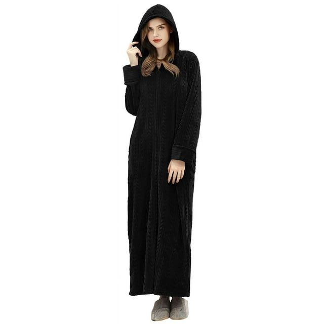 LOFIR Womens Zipper Front Robe, Long Plush Hooded Fleece Soft Bathrobes ...