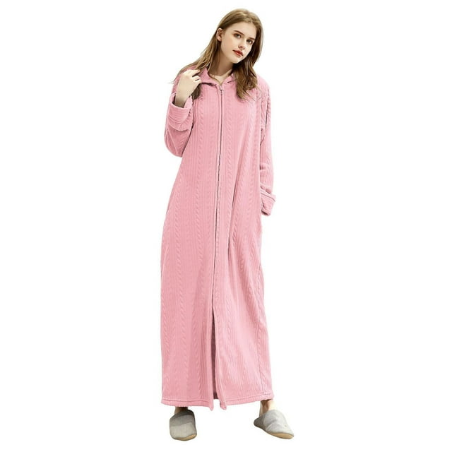 LOFIR Womens Zipper Front Robe, Long Plush Hooded Fleece Soft Bathrobes for Women Housecoat ...