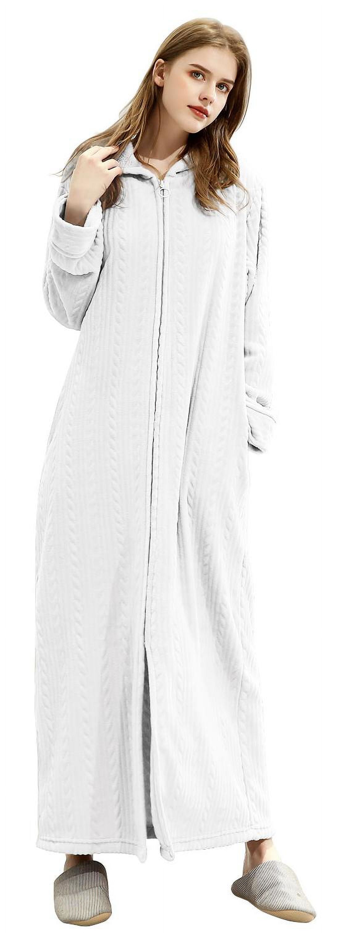 LOFIR Womens Zipper Front Robe, Long Plush Hooded Fleece Soft Bathrobes ...