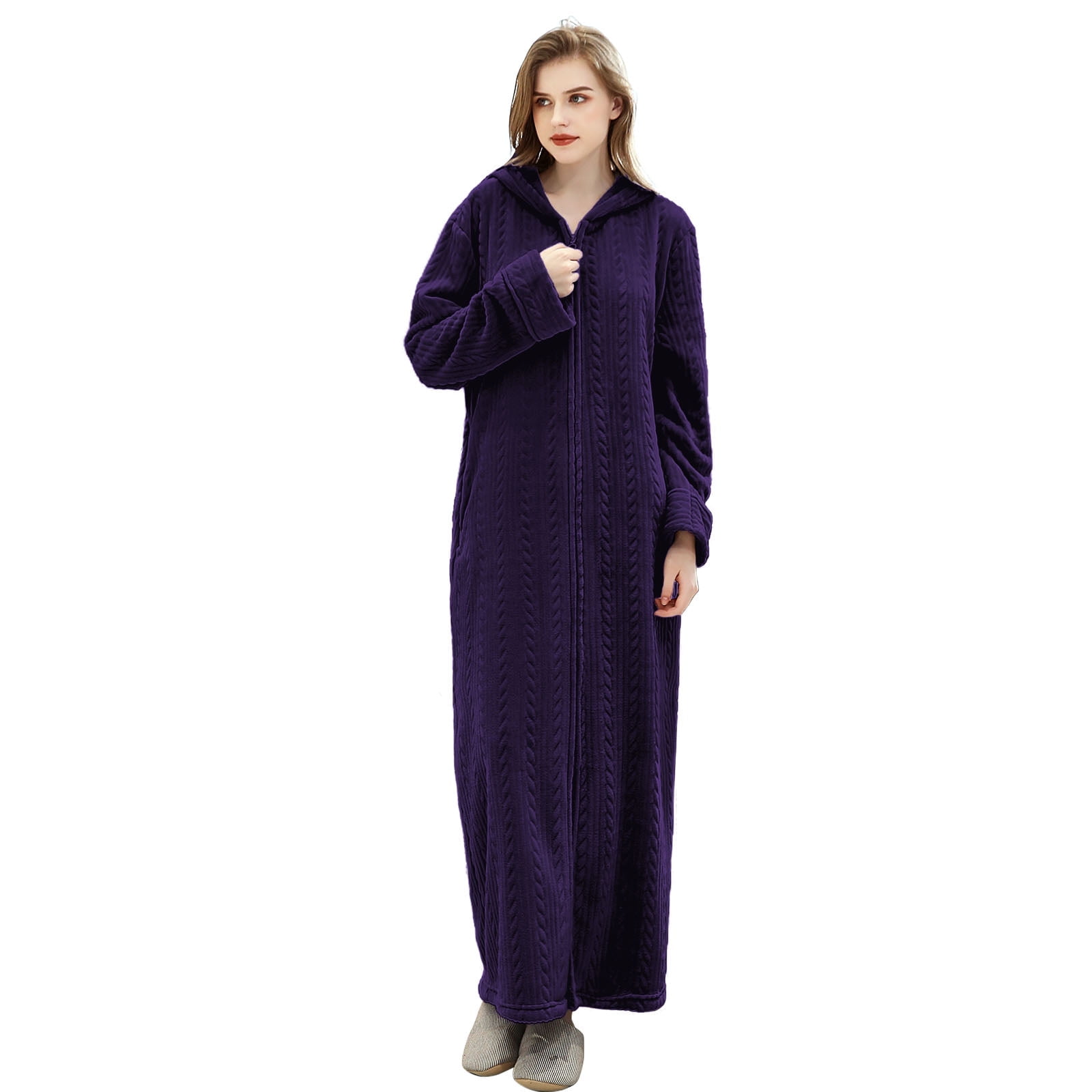 LOFIR Womens Zipper Front Robe, Long Plush Hooded Fleece Soft Bathrobes ...