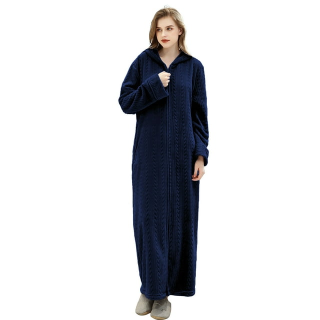 LOFIR Womens Zipper Front Robe, Long Plush Hooded Fleece Soft Bathrobes ...