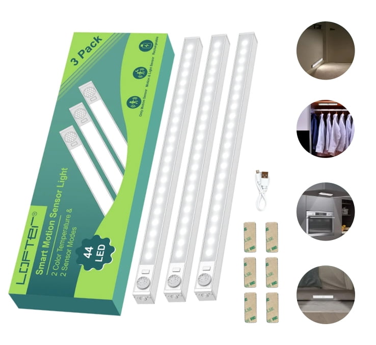 LOFTER Indoor Motion Sensor Light Under Cabinet Lights with 3 Color ...