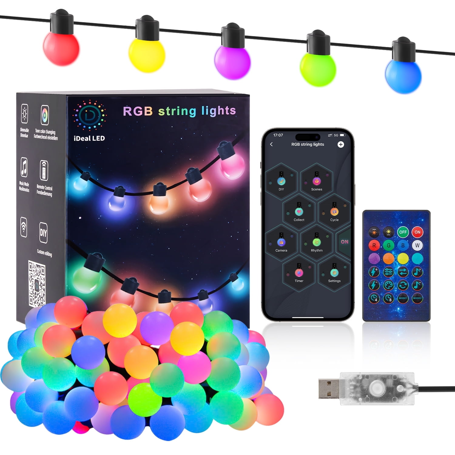 LOFTER-PRO Outdoor String Lights, 33Ft 50 RGB LED Bulbs, Dimmable, IP65 Waterproof, App Control ...