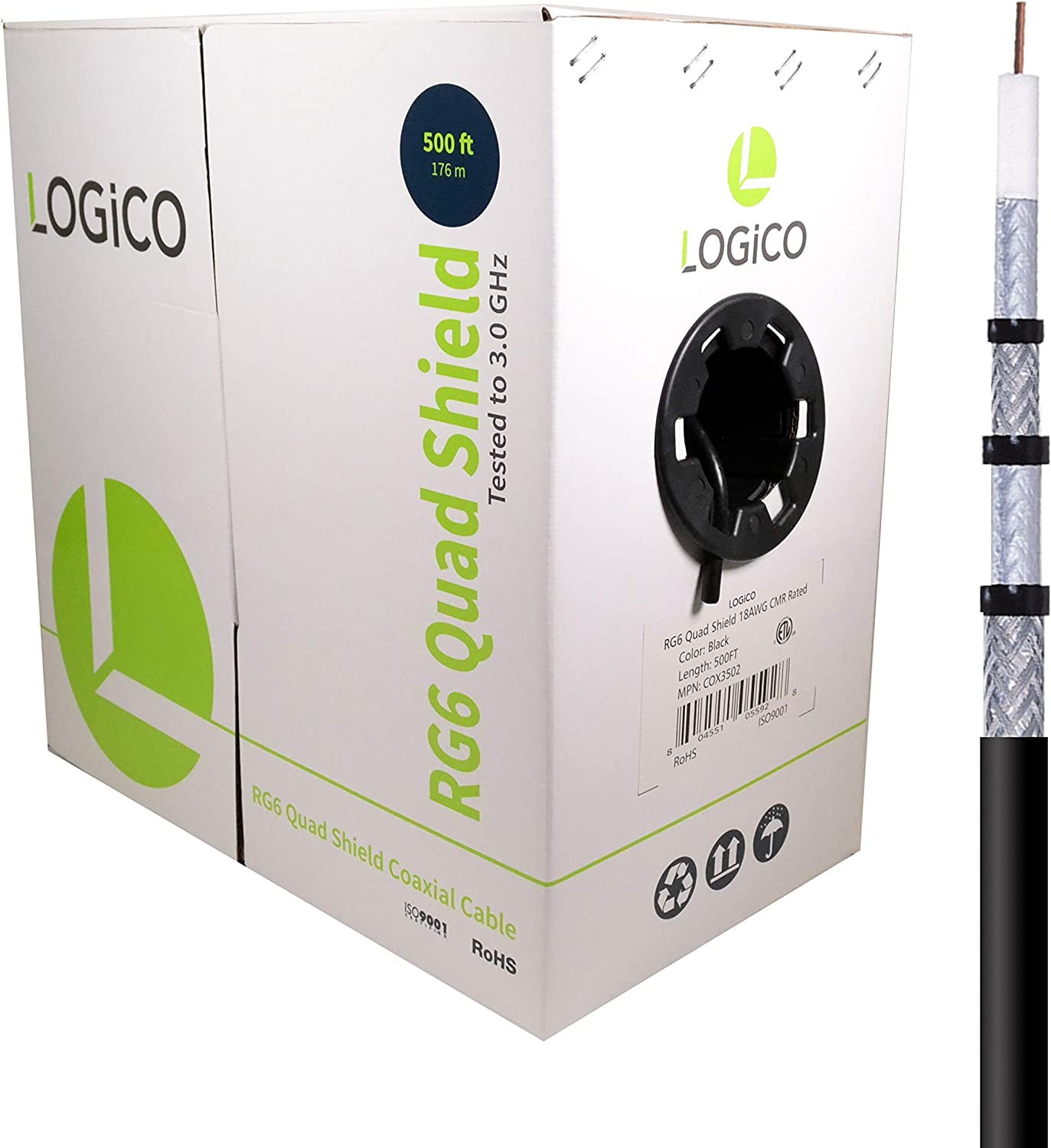 LOGICO RG6 Coaxial Cable CCS 18AWG Quad Shield Coax 500ft TV Antenna ...