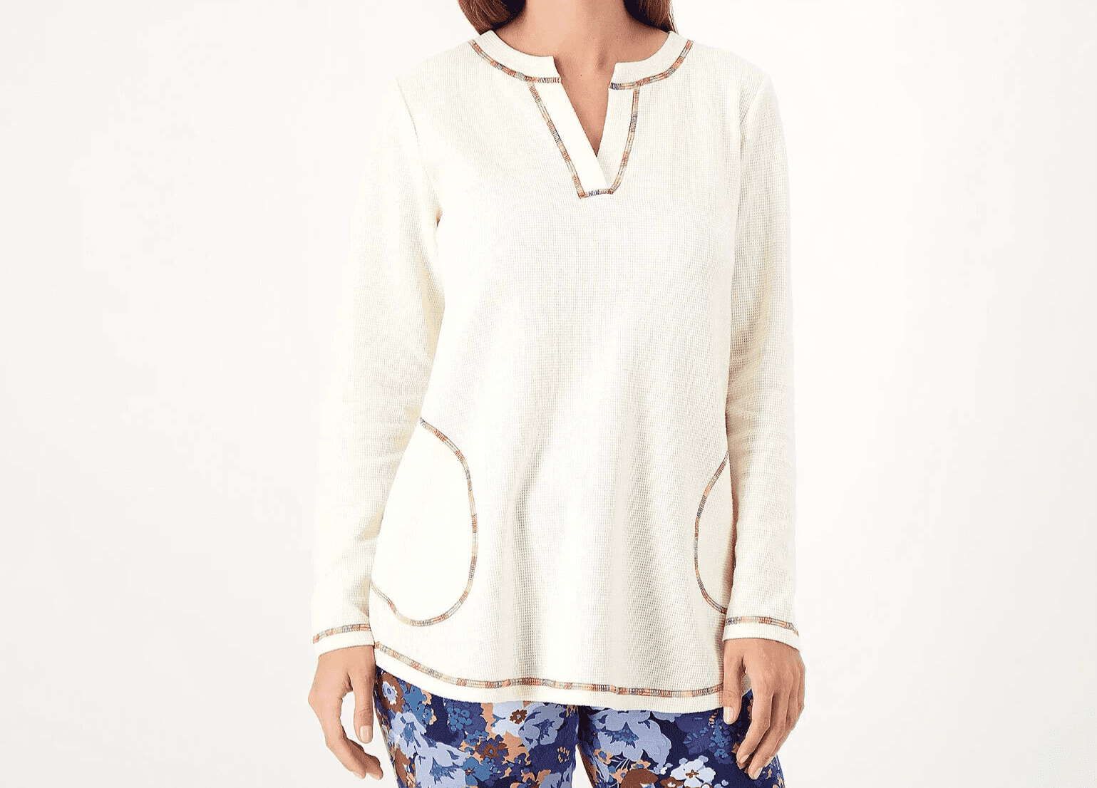 LOGO by Lori Goldstein Split-Neck Waffle Knit Top Egg Nog, LARGE ...