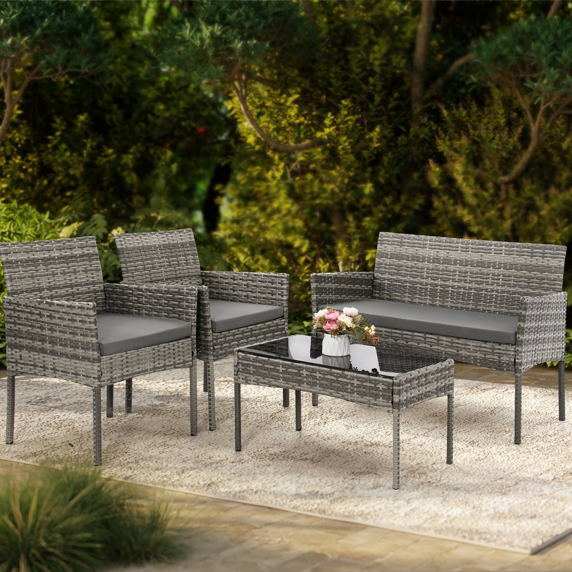 LOGYAT 4 Piece Patio Furniture Set Outdoor, All-Weather Wicker Bistro ...