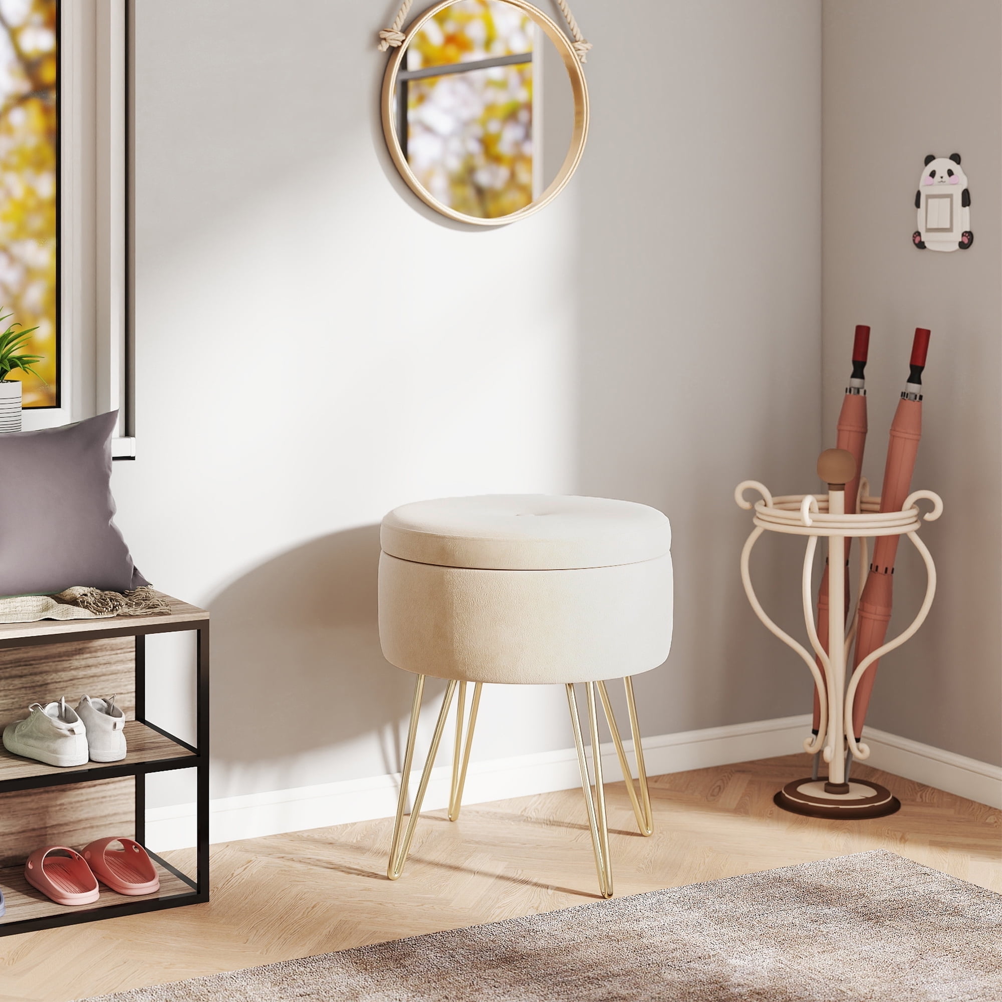 LOGYAT Velvet Round Storage Ottoman, Makeup Vanity Stool with Metal ...