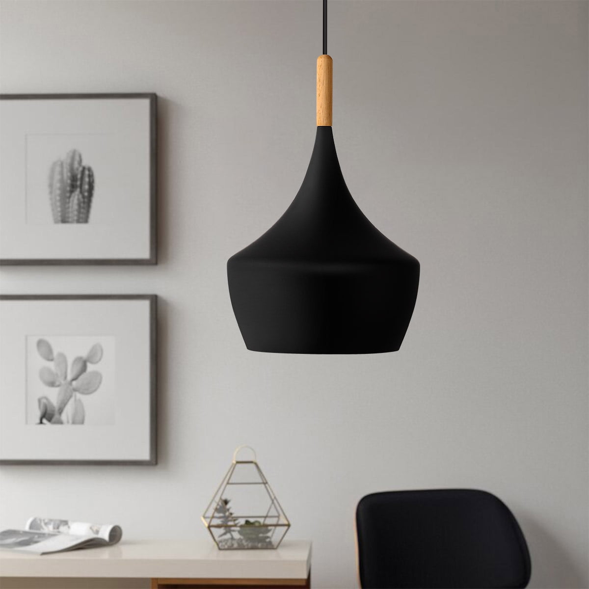 Nordic Matte Black Industrial Hanging Pendant Light, Black and Wood ...
