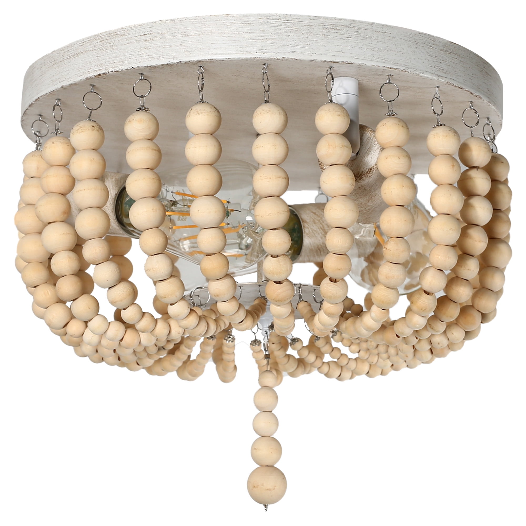 LOHAS 3-Light Wood Beaded Flush Mount Ceiling Light,Boho Wooden Bead Chandelier Vintage Lighting ...