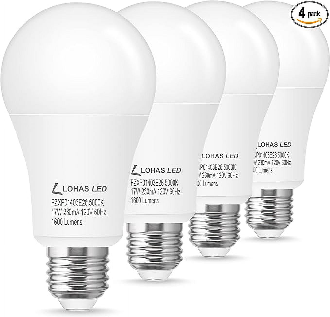 LOHAS A19 LED Light Bulbs 150W Equivalent, 17 Watt Daylight White 5000K LED Bulbs, 1600 Lumen ...