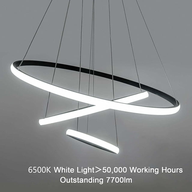LOHASLED Black Dimmable LED Pendant Light,LED Modern Chandelier Living Room 3 Ring Pendant ...