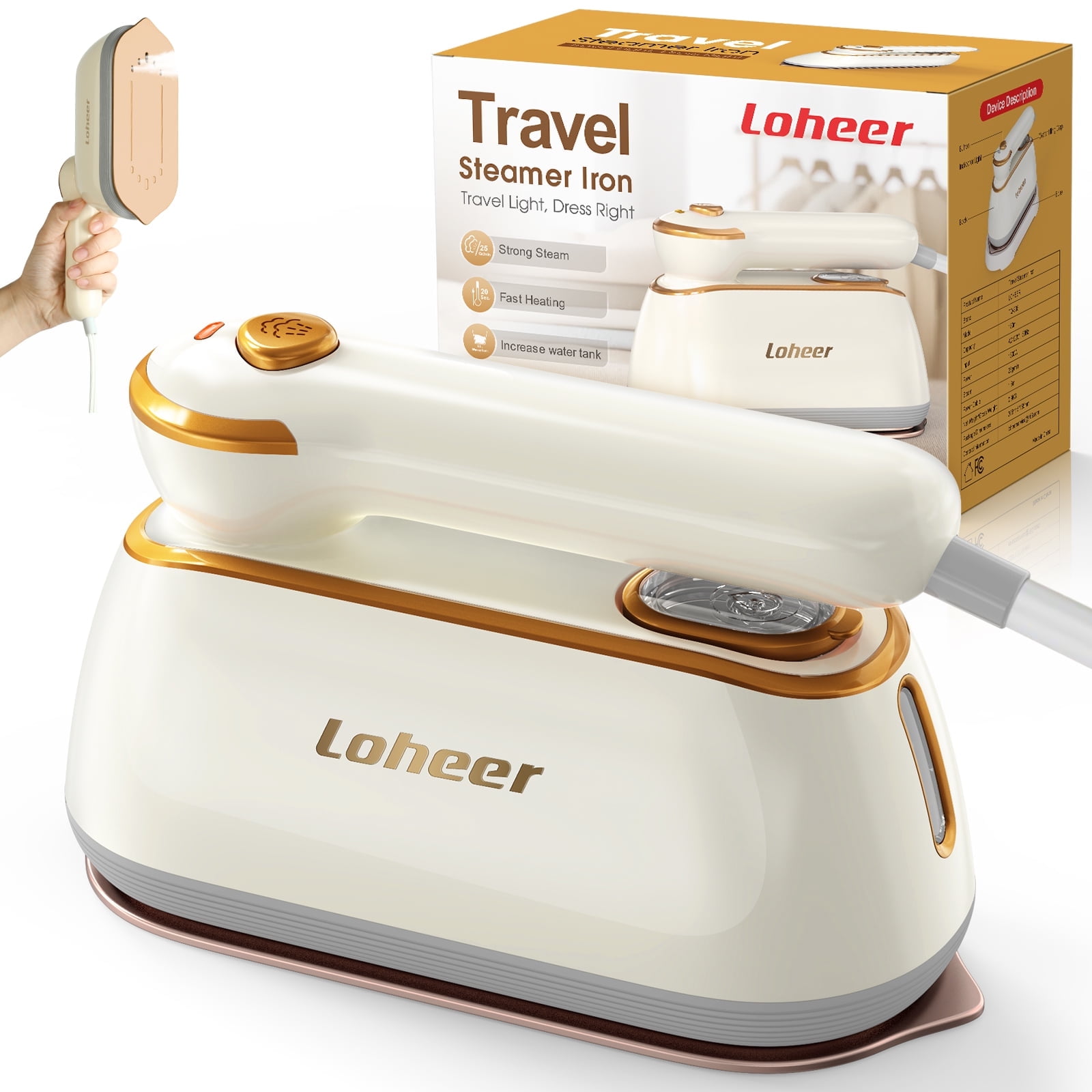 LOHEER Travel Steamer for Clothes, 1300W Portable Steam Iron, 15s Fast ...