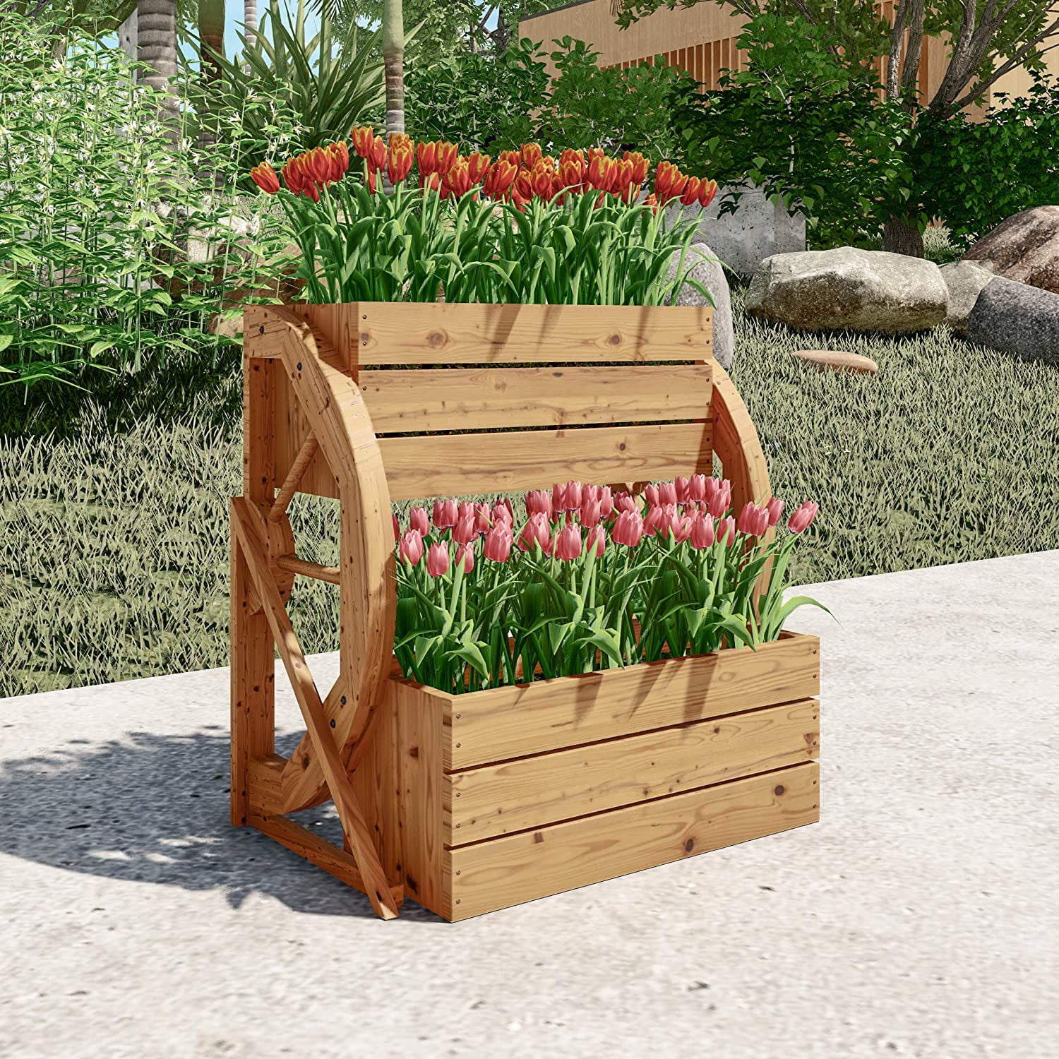 LOKATSE HOME Wooden Wagon Wheel Double-Tier Planter Outdoor Garden ...