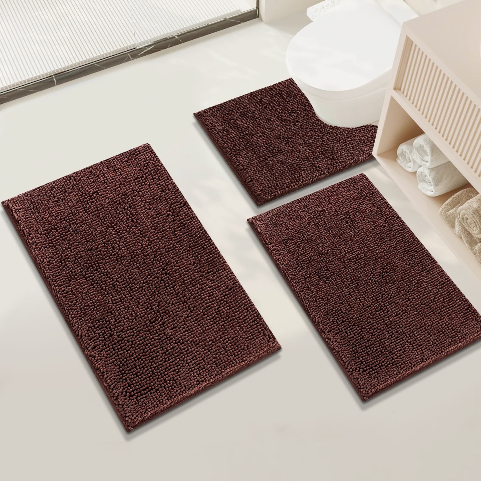 LOKHOM Brown Bathroom Rug Sets 3 Pieces Absorbent Shaggy Bath Mat Ultra ...