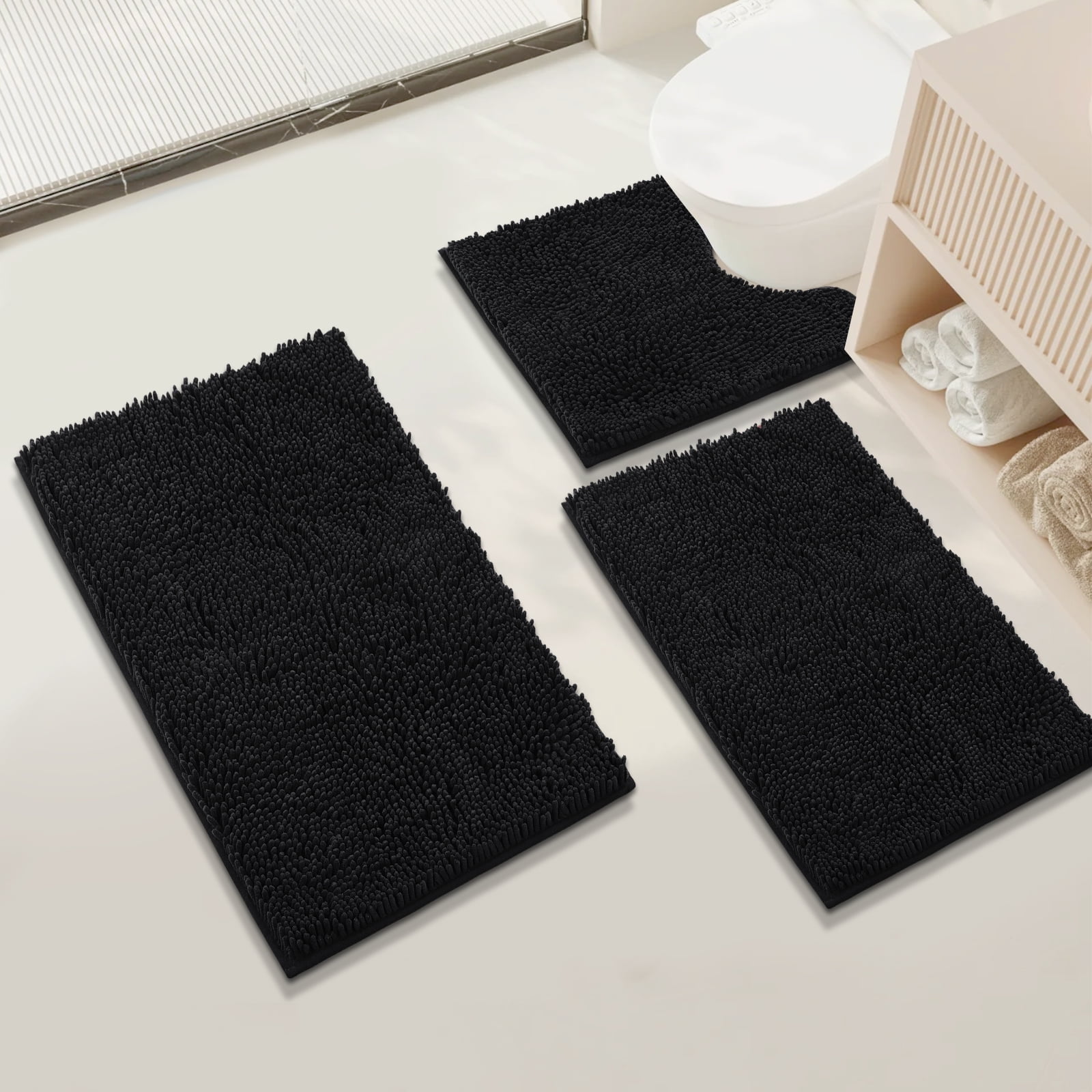 LOKHOM Black Bathroom Rug Sets 3 Pieces Absorbent Shaggy Bath Mat Ultra ...