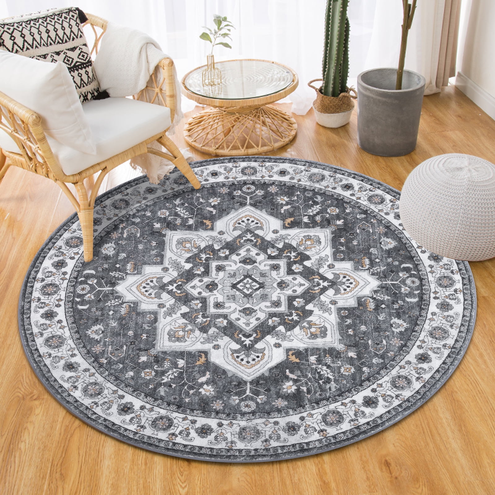 LOKHOM Boho Round Rugs 4Ft Washable Non Slip Round Area Rug Throw Soft ...