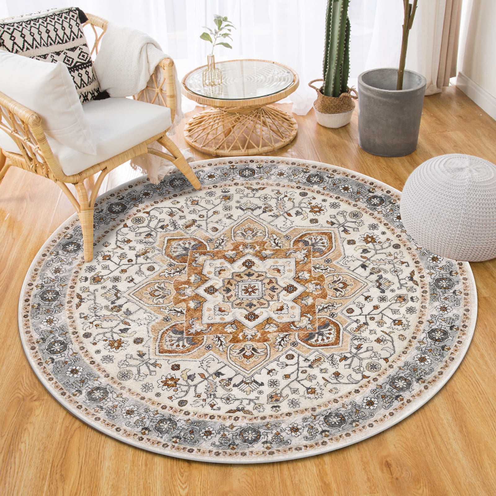 LOKHOM Boho Round Rugs 4Ft Washable Non Slip Round Area Rug Throw Soft ...