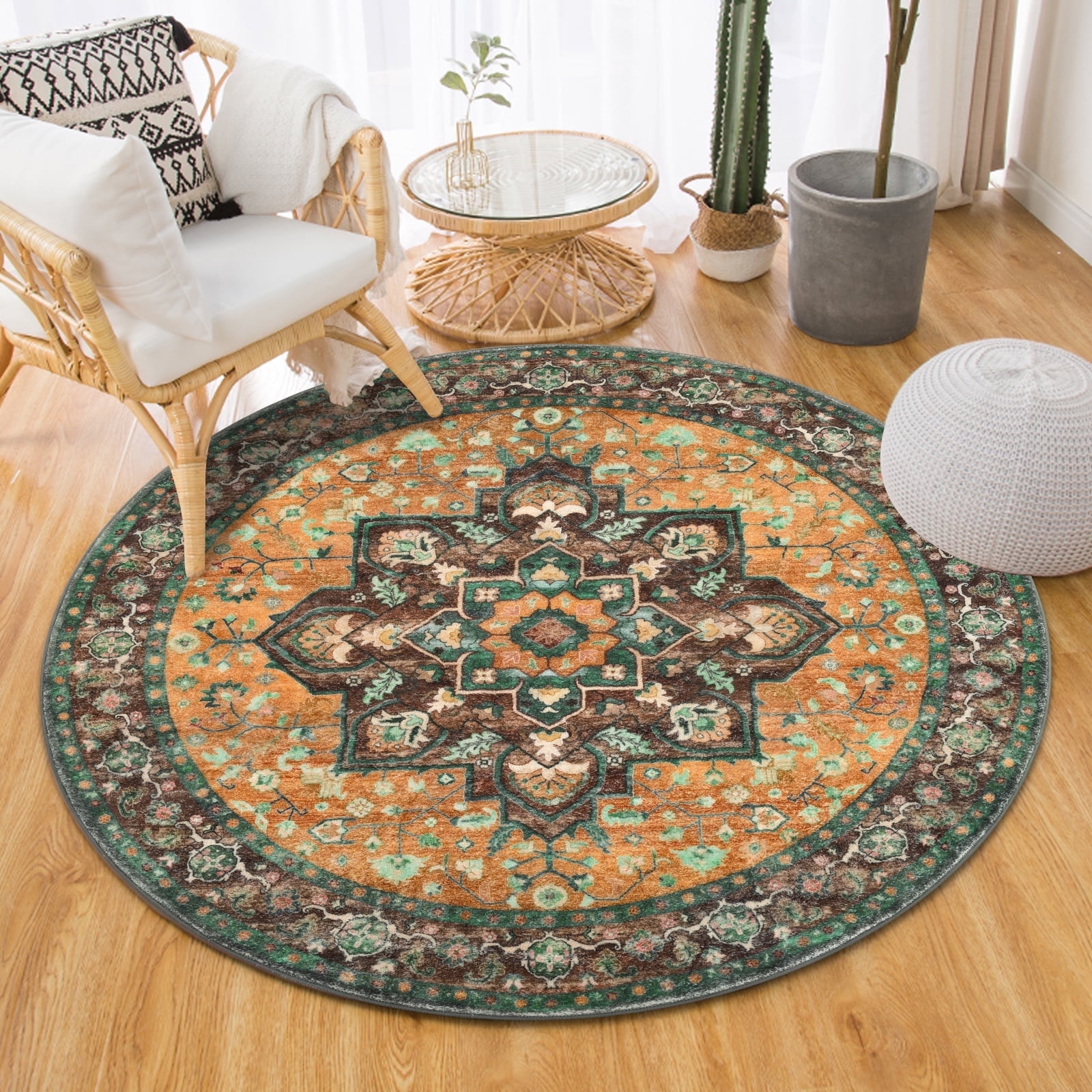 LOKHOM Bohemian Round Area Rugs 4Ft Washable Non Slip Round Rug for ...