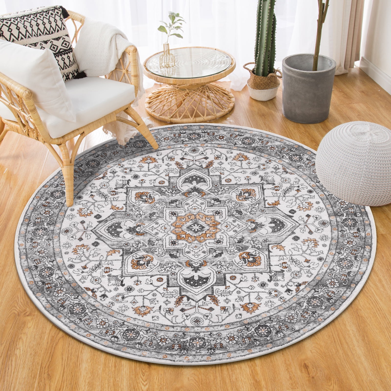 LOKHOM Boho Round Rugs 4Ft Washable Non Slip Round Area Rug Throw Soft ...