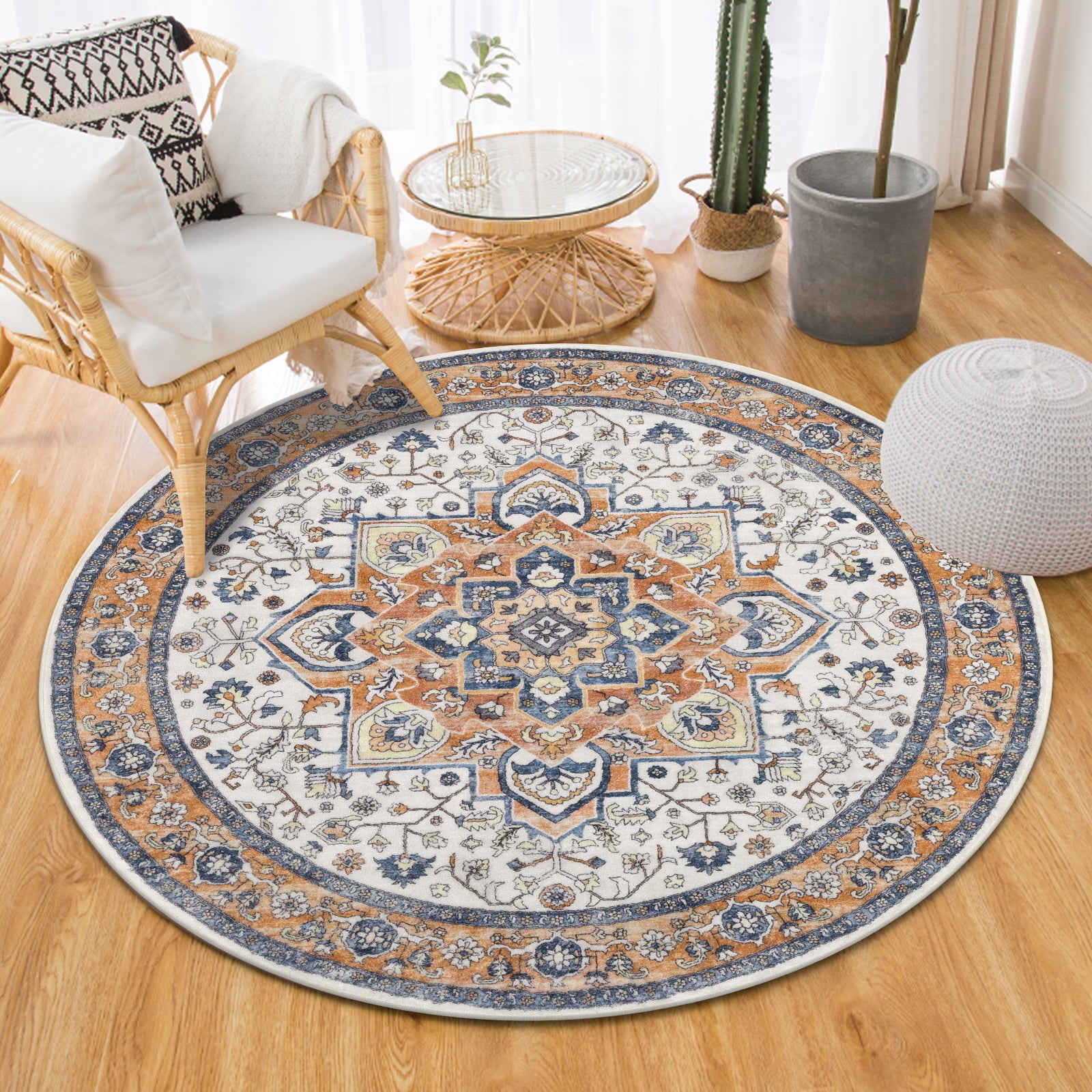 LOKHOM Boho Round Rugs 4Ft Washable Non Slip Round Area Rug Throw Soft ...