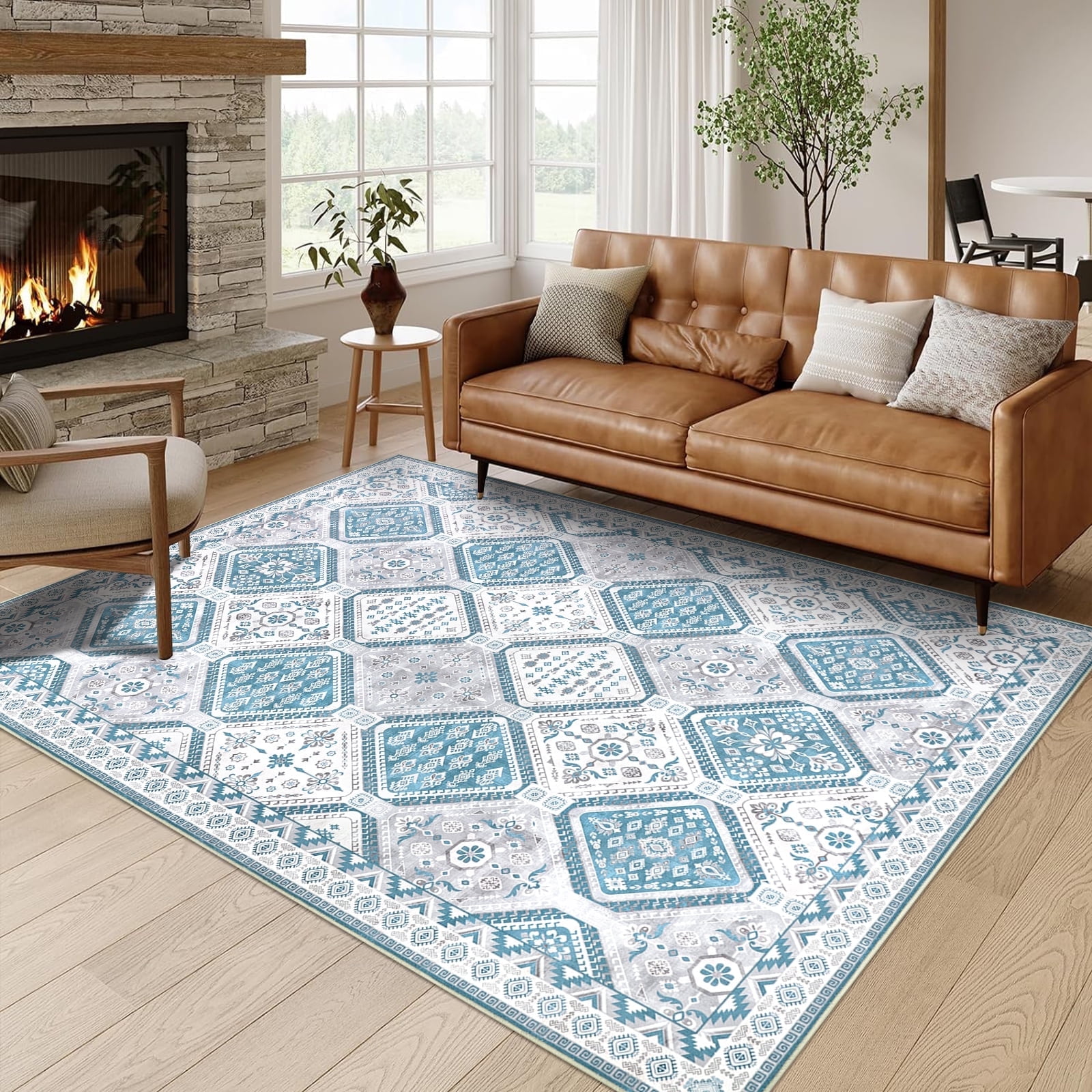 LOKHOM 5'x8' Blue Oriental Area Rug for Living Room, Machine Washable ...