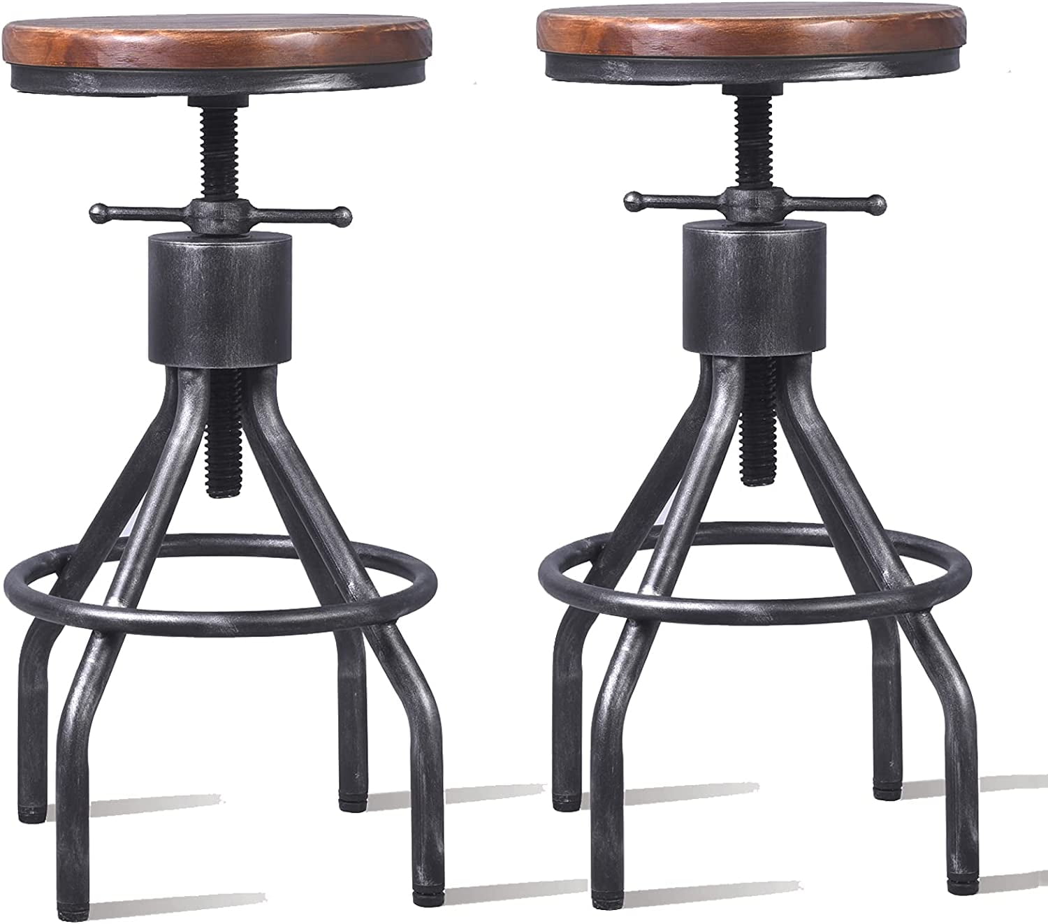 LOKKHAN Set of 2 Industrial Bar Stool-Vintage Adjustable Round Wood ...