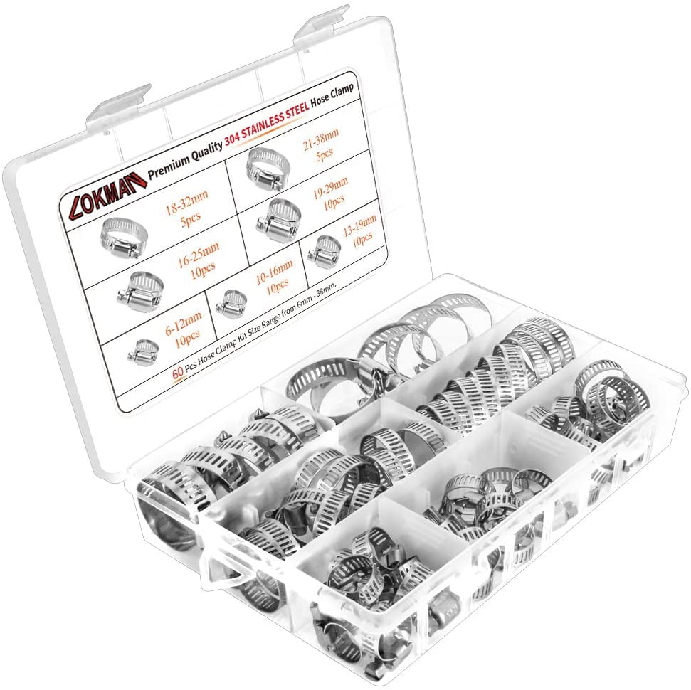 LOKMAN Stainless Steel Hose Clamp Assortment Kit- 60 Pieces, Adjustable ...