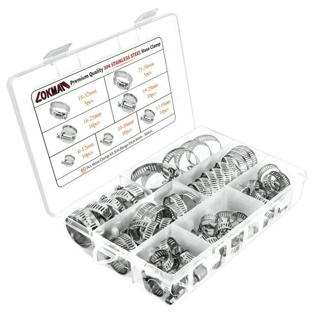 LOKMAN Stainless Steel Hose Clamp Assortment Kit- 60 Pieces, Adjustable ...
