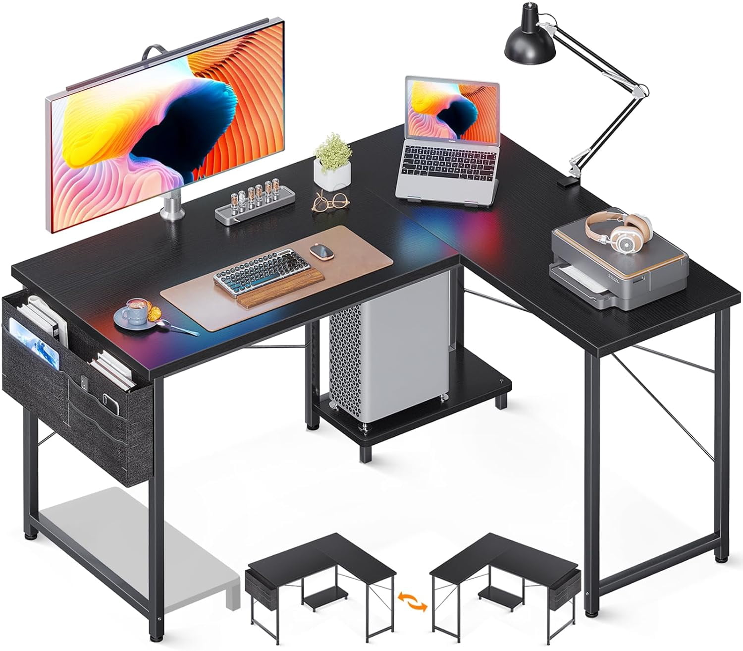 LOKNHGF L Shaped Desk 50 Inch Computer Desk with Bag Reversible Home ...