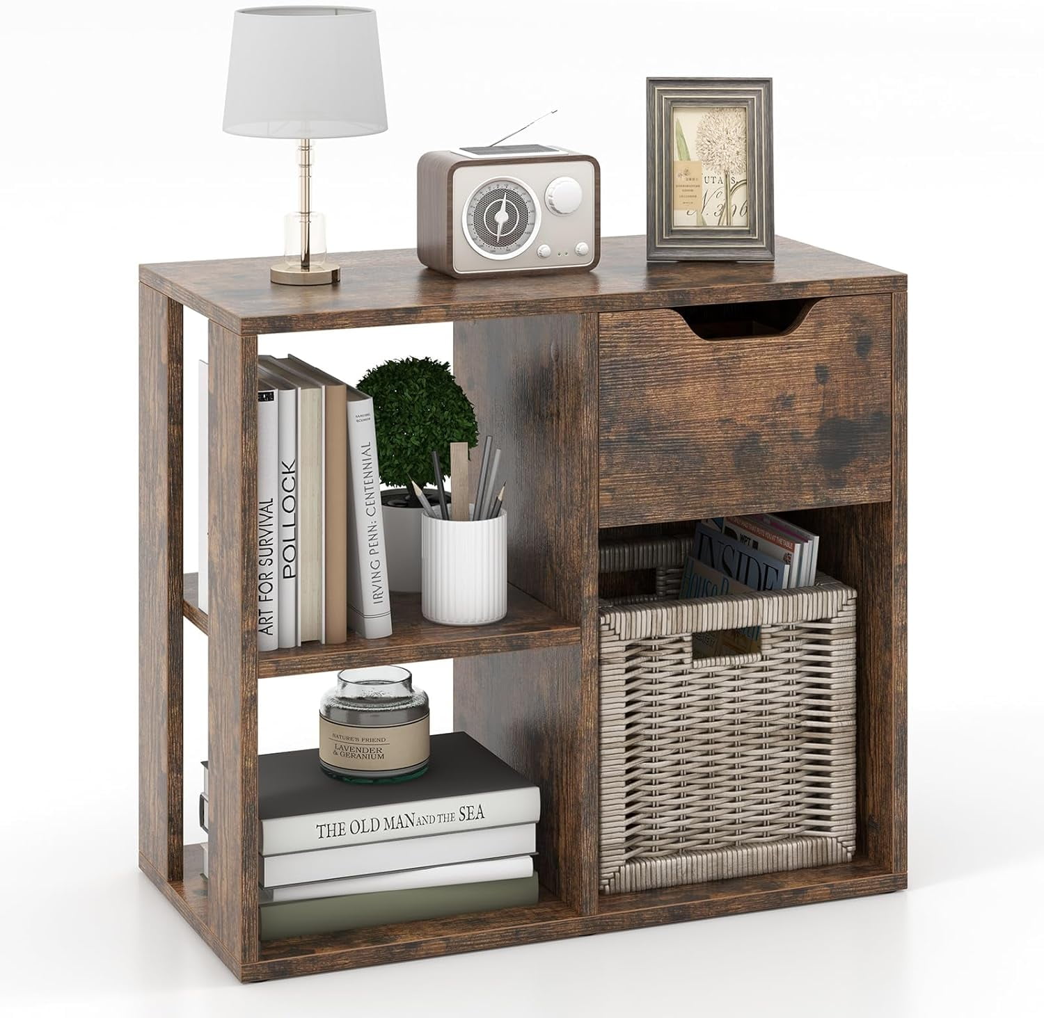 LOKO 3-Cube Bookshelf with Drawer, 2-Tier Open Shelf Bookcase ...