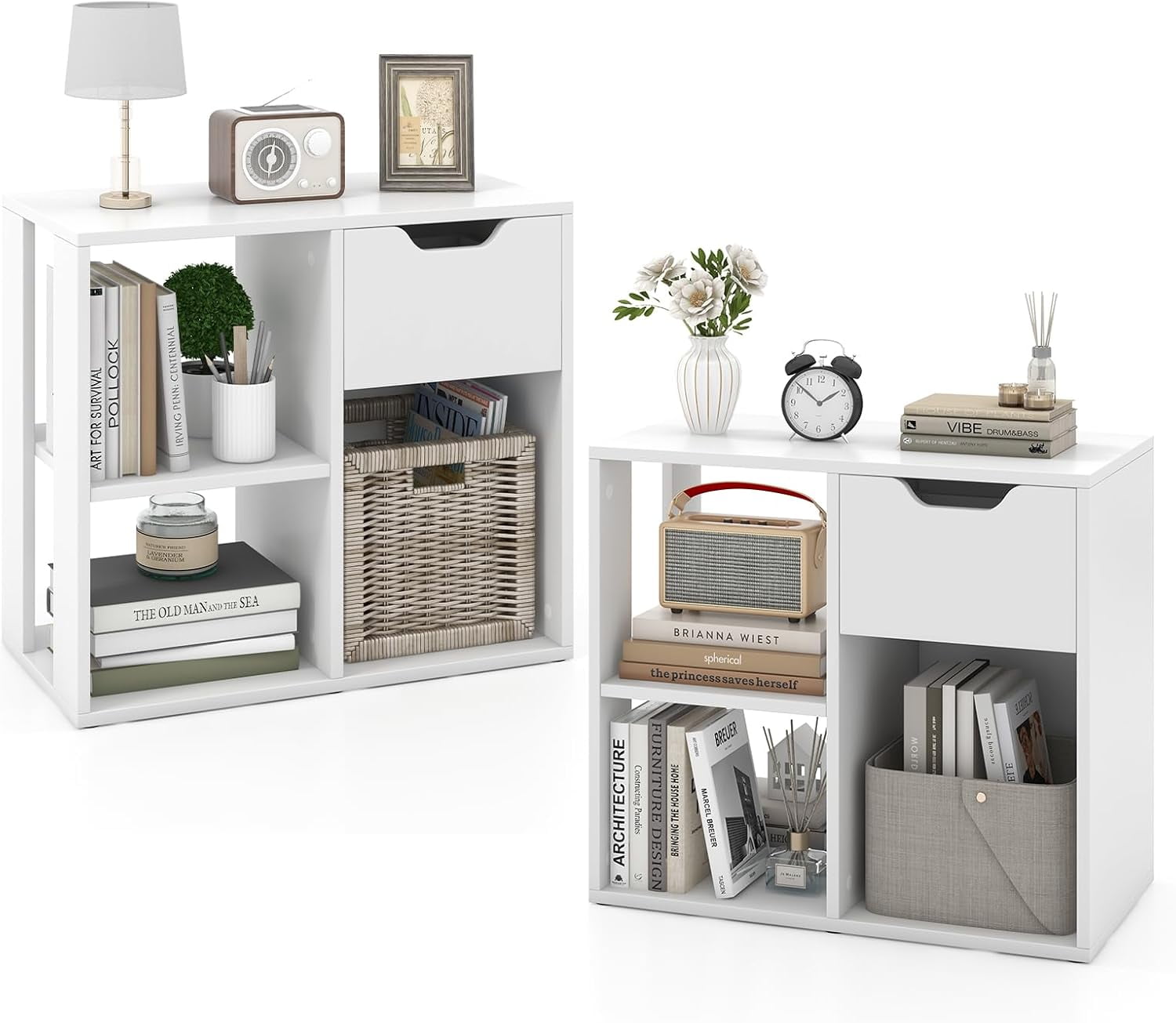 LOKO 3-Cube Bookshelf with Drawer Set of 2, 2-Tier Open Shelf Bookcase ...