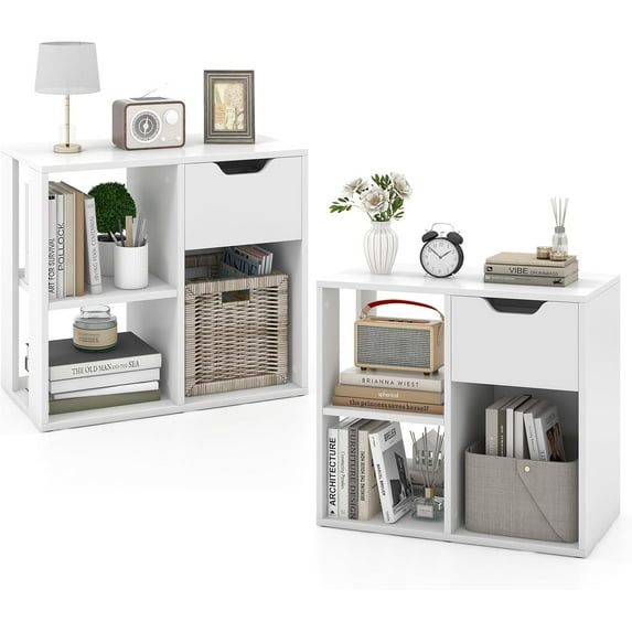 LOKO 3-Cube Bookshelf with Drawer Set of 2, 2-Tier Open Shelf Bookcase ...