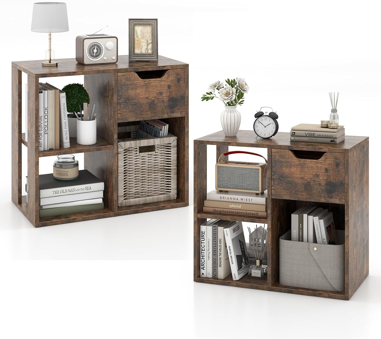 LOKO 3-Cube Bookshelf with Drawer Set of 2, 2-Tier Open Shelf Bookcase ...