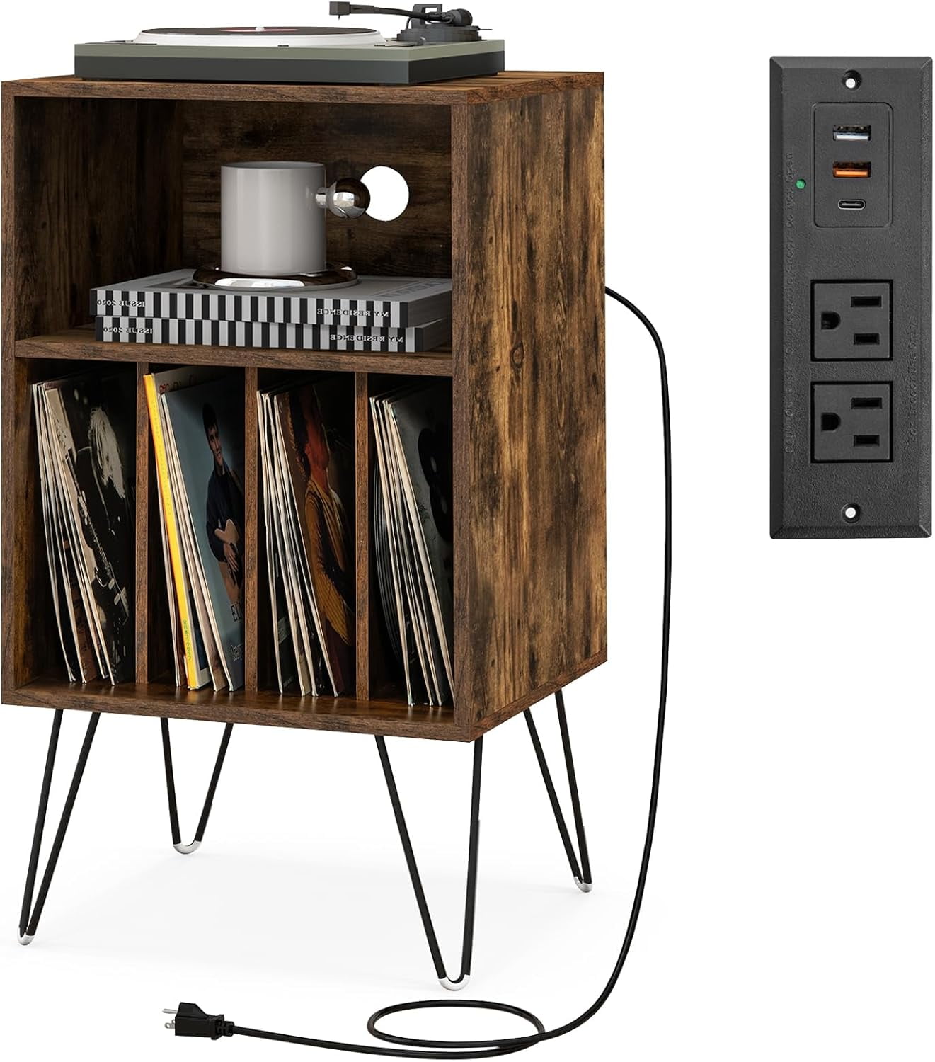 LOKO 3-Tier Record Player Stand, Turntable Stand with Charging Station ...