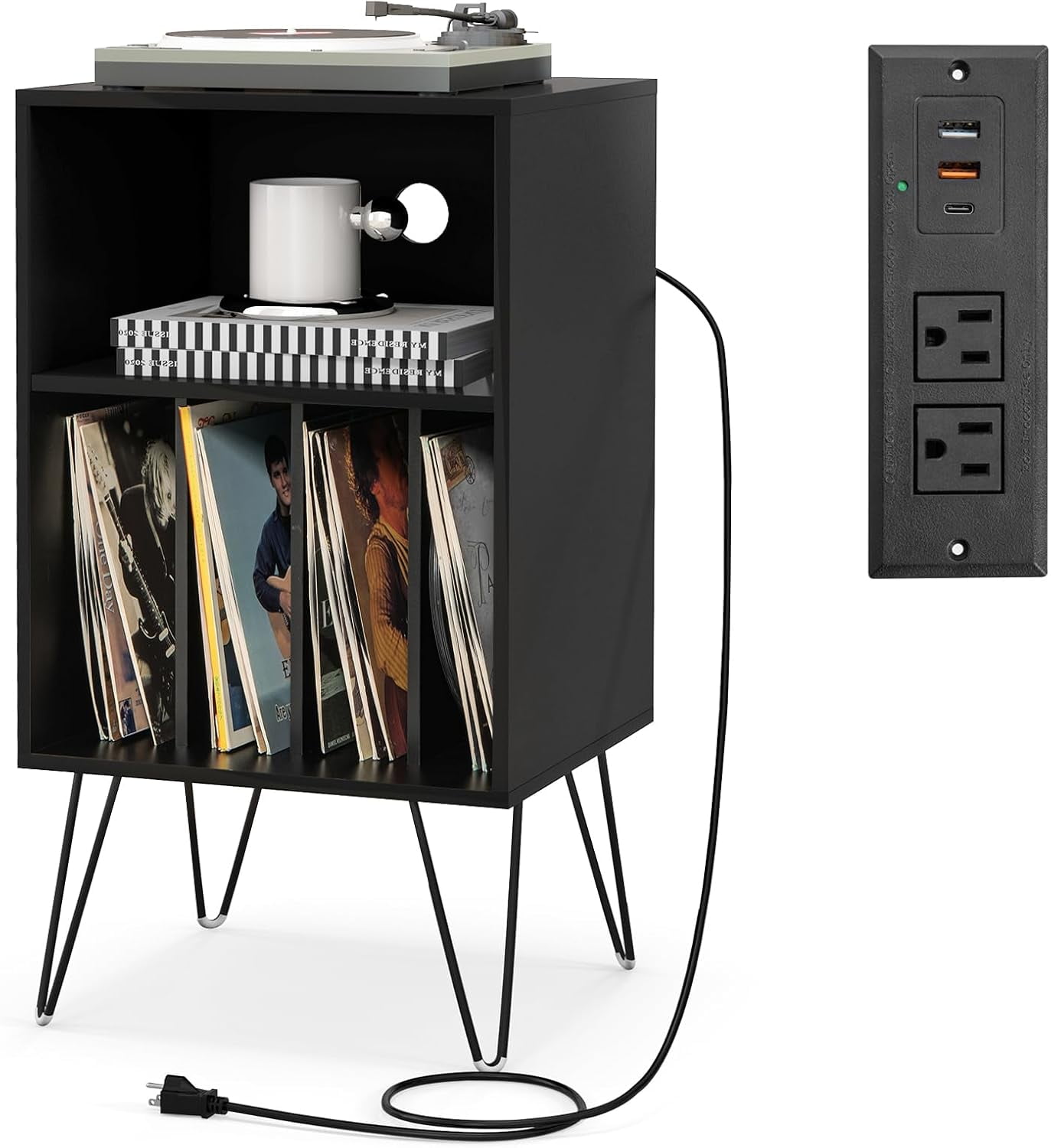 LOKO 3-Tier Record Player Stand, Turntable Stand with Charging Station ...