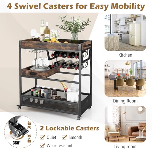 LOKO 3-Tier Rolling Bar Cart, Industrial Buffet Serving Trolley Cart ...