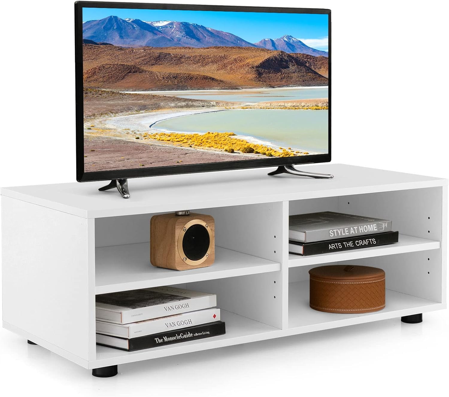LOKO 4 Cubby TV Stand for 40+ Inch TV, White Wood TV Media Console ...