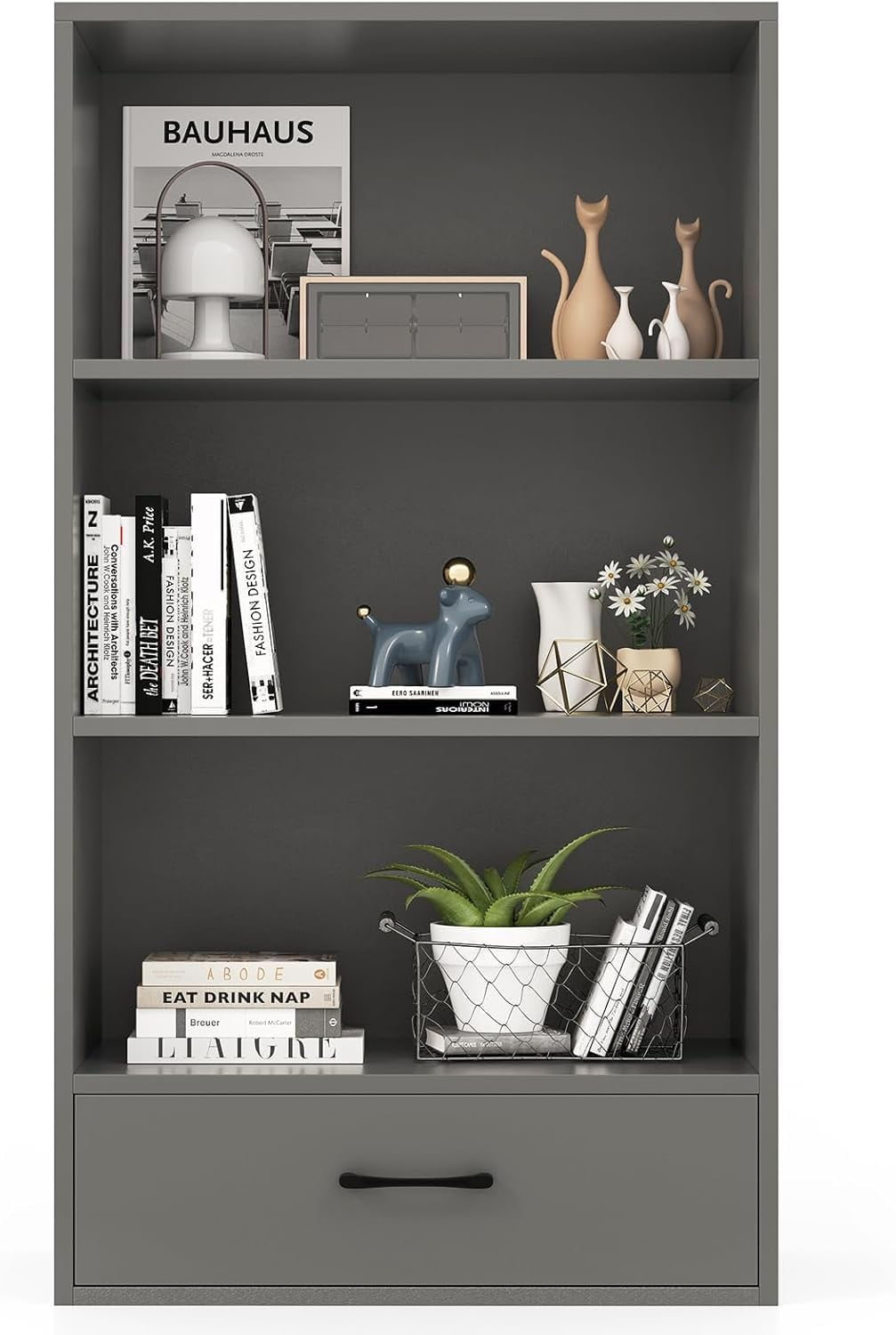 LOKO 4-Tier Bookcase with Storage Drawer, Modern Organizer Display ...