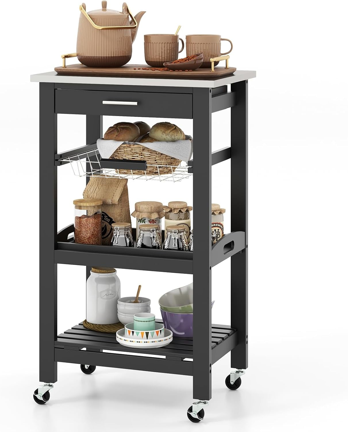 LOKO 4-Tier Kitchen Island Cart, Rolling Utility Serving Cart with Mesh ...
