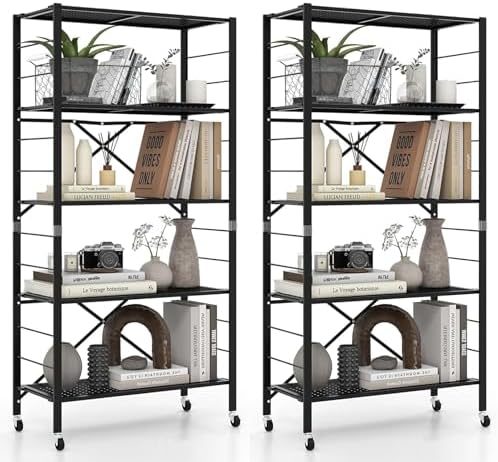 LOKO 5-Tier Folding Storage Shelves with Wheels, 60” Tall Adjustable ...