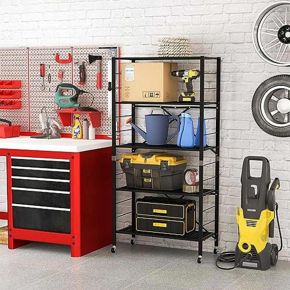 LOKO 5-Tier Folding Storage Shelves with Wheels, 60” Tall Adjustable ...