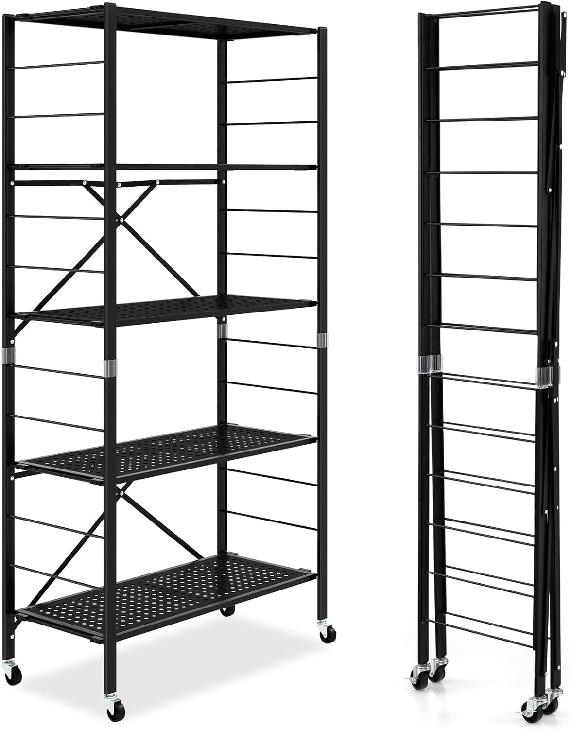 LOKO 5-Tier Folding Storage Shelves with Wheels, 60” Tall Adjustable ...