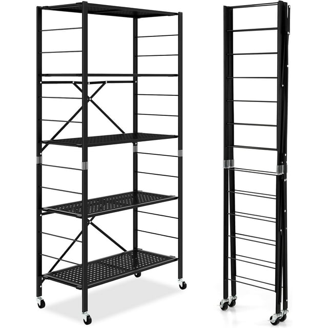 LOKO 5-Tier Folding Storage Shelves with Wheels, 60” Tall Adjustable ...