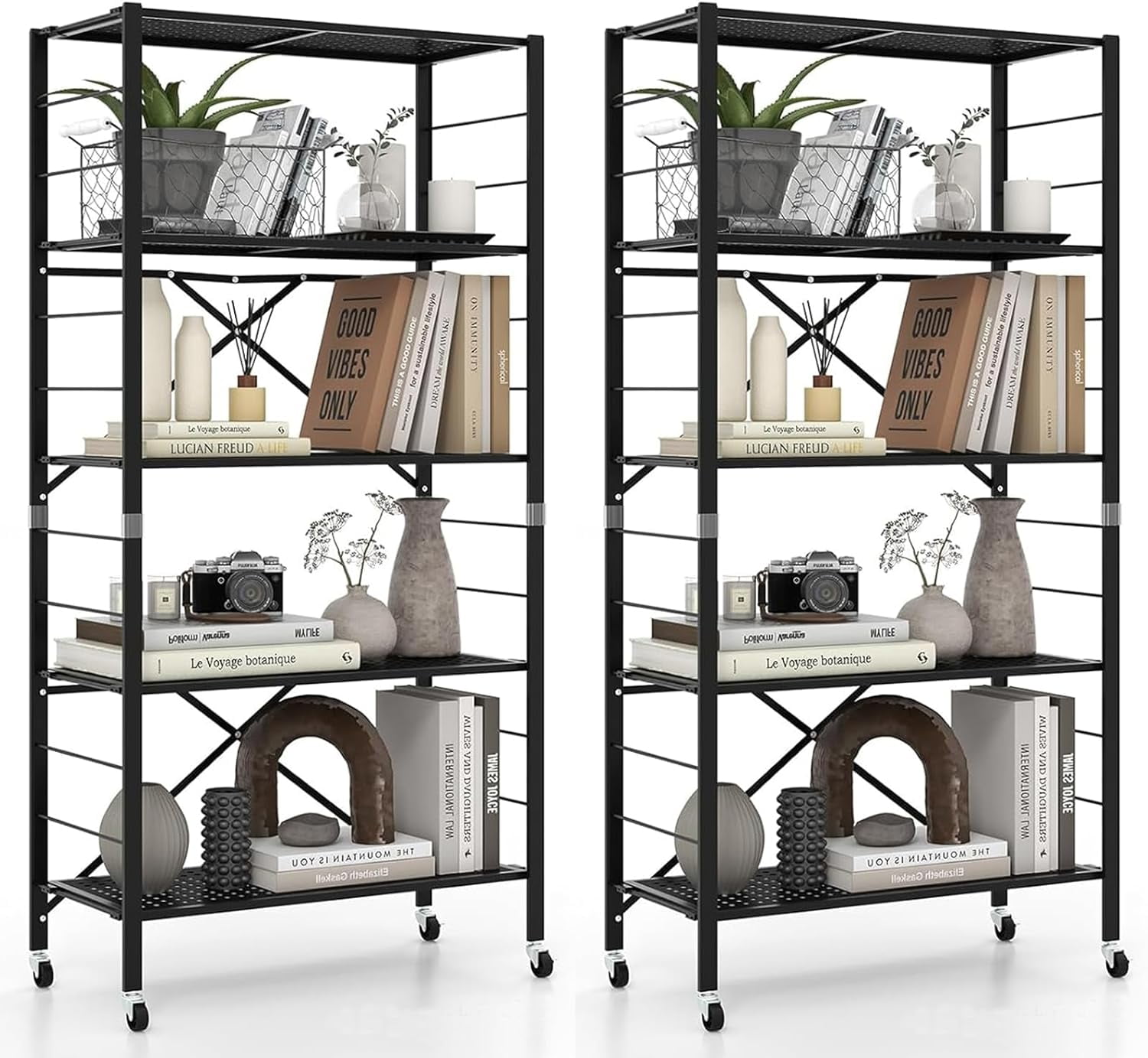 LOKO 5-Tier Folding Storage Shelves with Wheels, 60” Tall Adjustable ...