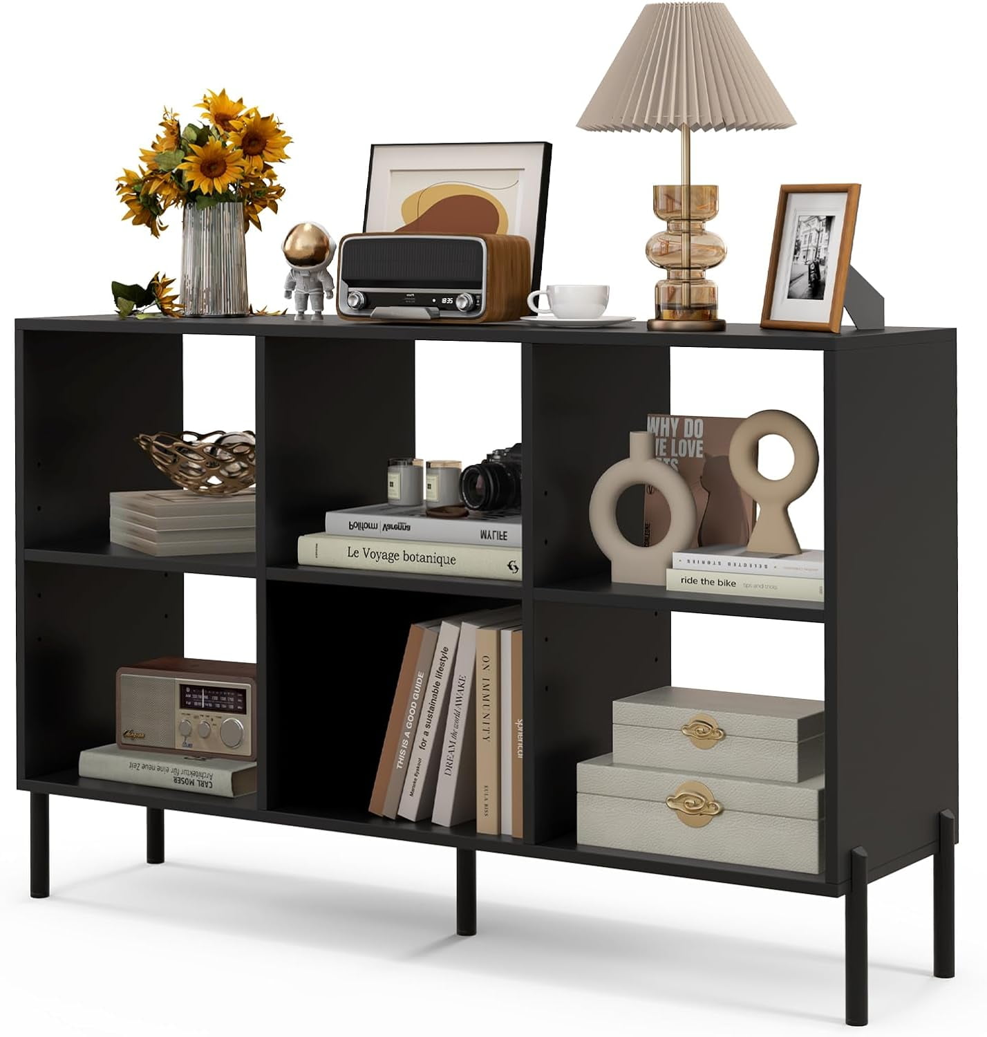 LOKO 6 Cube Bookcase, 3-Tier Floor Open Bookshelf with 5 Metal Legs ...