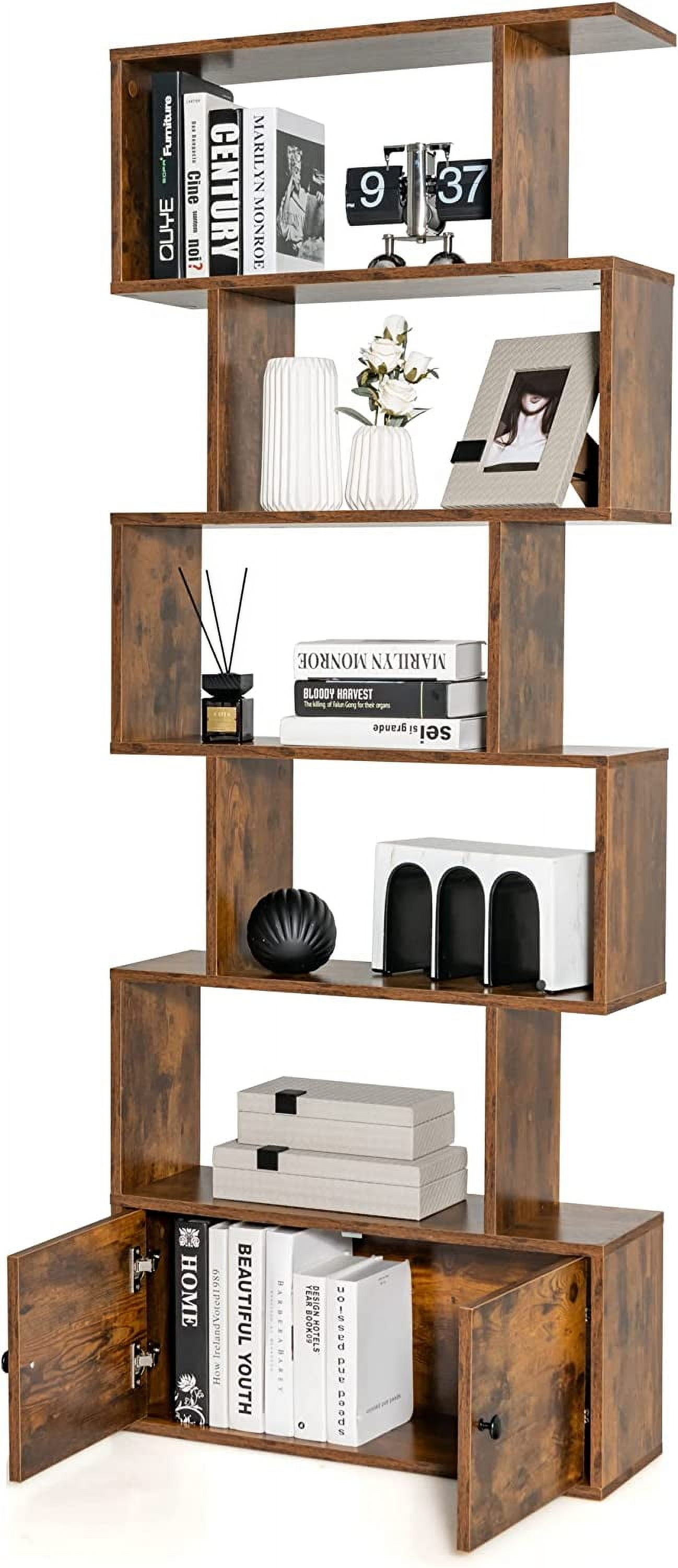 LOKO 6-Tier Geometric Bookcase with Doors, Freestanding Storage Display ...