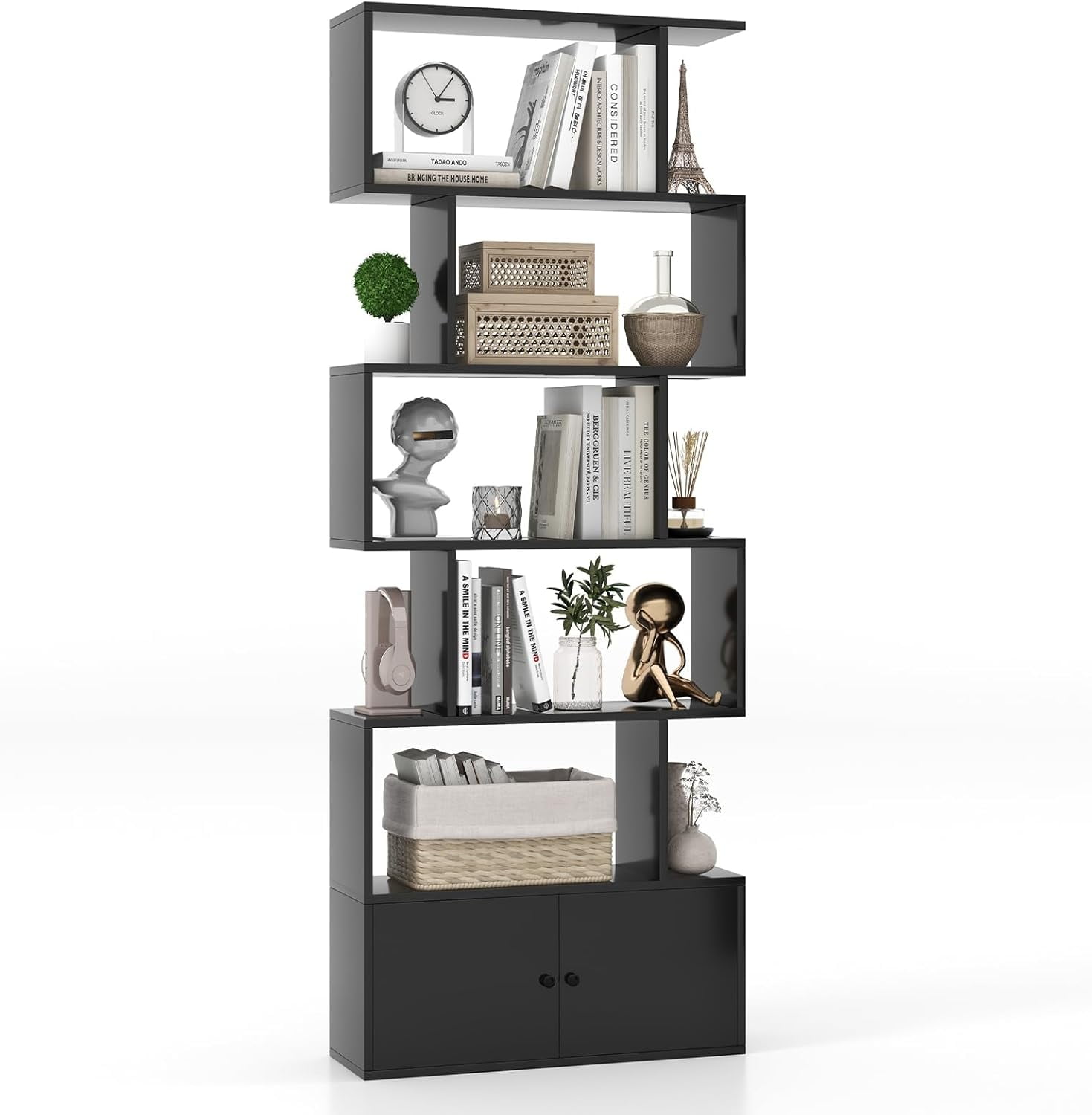 LOKO 6-Tier Geometric Bookcase with Doors, Freestanding Storage Display ...